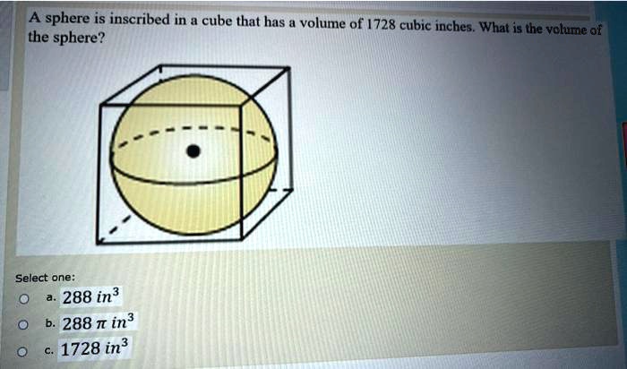 a sphere is inscribed in a cube that has volume of 1728 cubic inches ...