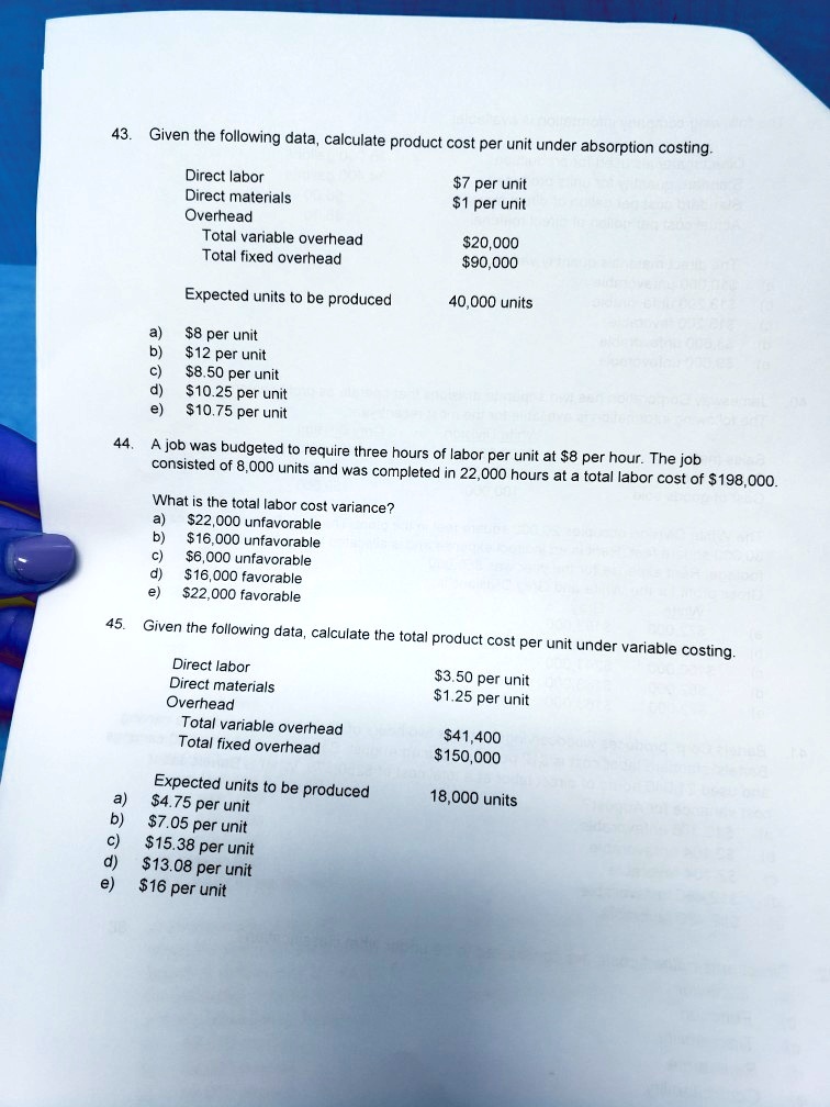 SOLVED: 43. Given the following data, calculate the product cost per unit under absorption ...
