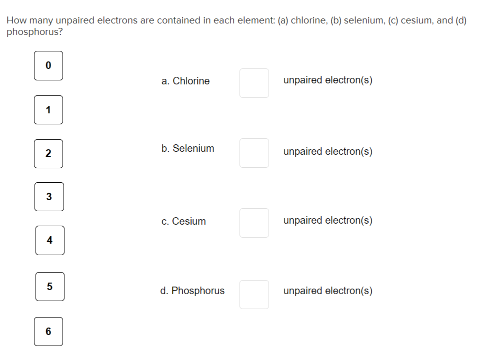 How many unpaired electrons are contained in each element: (a) chlorine ...
