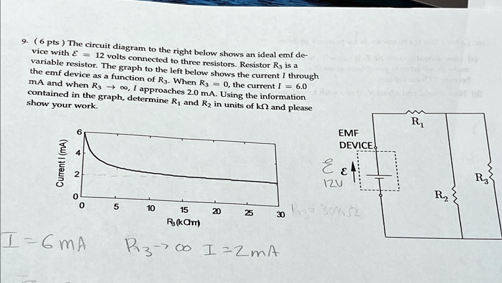 9. (6 pts) The circuit diagram to the right below shows an ideal emf ...