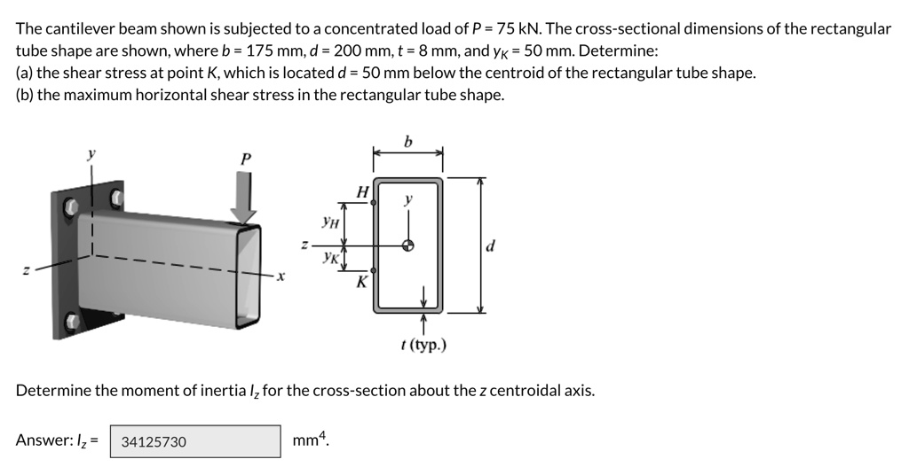 The cantilever beam shown is subjected to a concentrated load of P = 75 kN. The cross-sectional ...