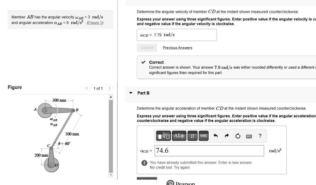SOLVED: Determine the angular velocity of member CD at the instant shown, measured ...