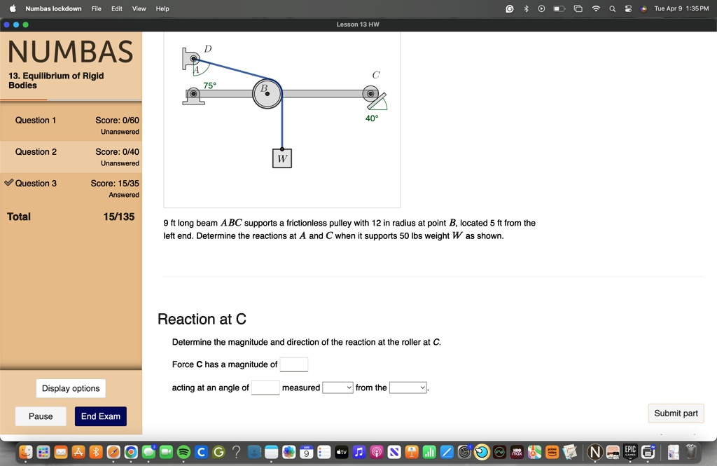 9 ft long beam ABC supports a frictionless pulley with a 12 in radius ...