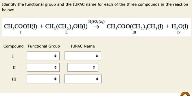 identify the functional group and the iupac name for each of the three compounds in the reaction ...