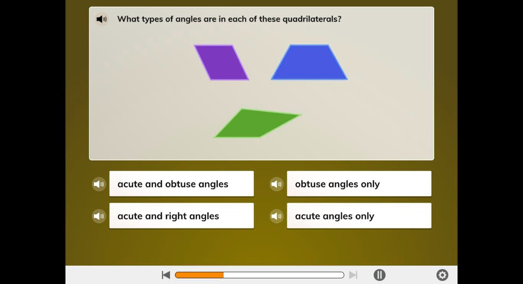 What types of angles are in each of these quadrilaterals? acute and ...