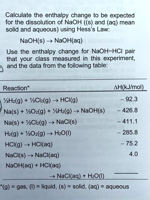 SOLVED: Calculate the enthalpy change to be expected for the dissolution of NaOH ((s) and (aq ...