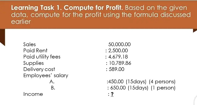 SOLVED: Learning Task 1 - Compute for Profit: Based on the given data, compute for the profit ...
