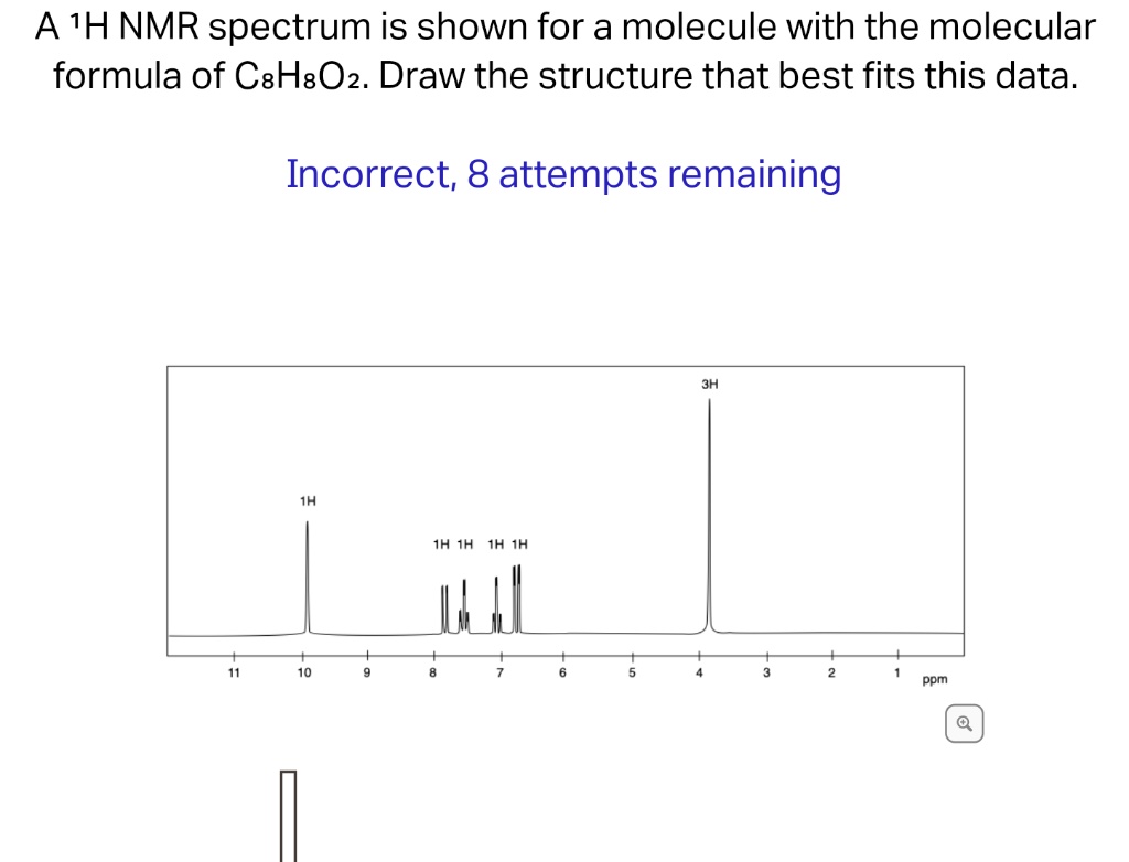 SOLVED: The 1H NMR spectrum is shown for a molecule with the molecular formula C8H8O2. Draw the ...