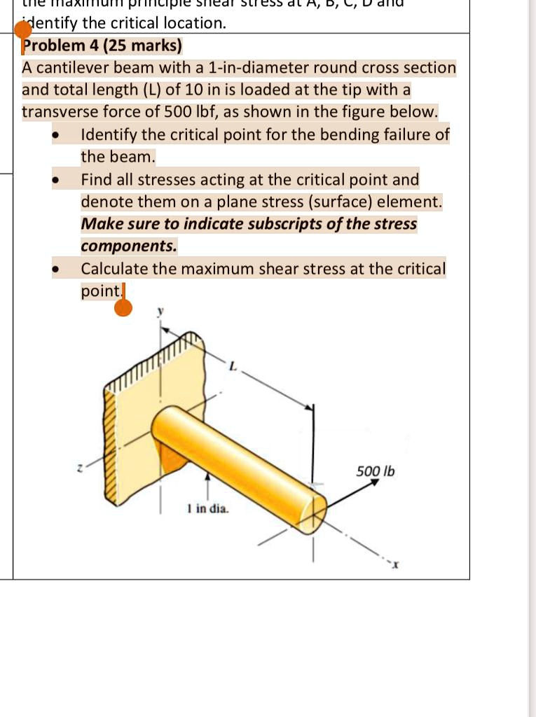SOLVED: Problem 4 (25 marks) A cantilever beam with a 1-inch diameter round cross section and a ...