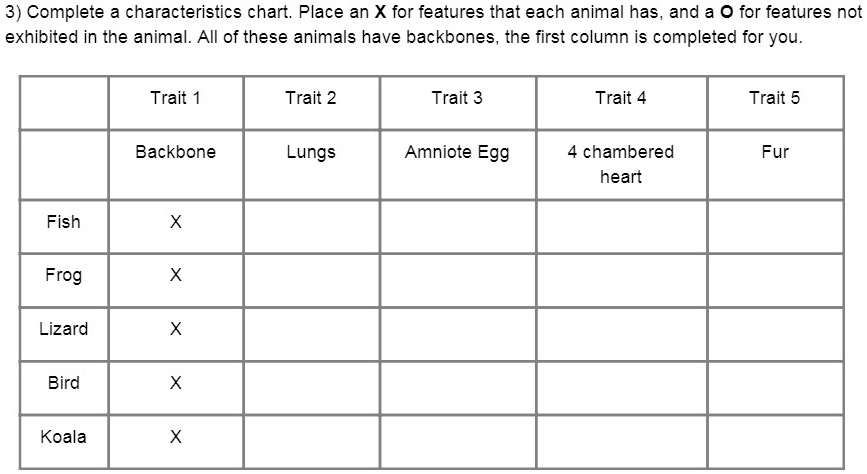 SOLVED: '3) Complete characteristics chart, Place an X for features that each anima has and a 0 ...