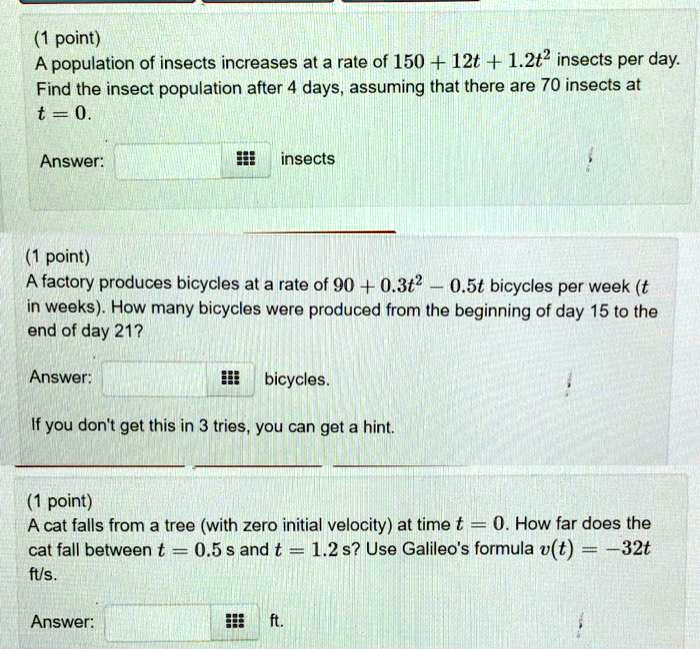 A population of insects increases at a rate of 150 + 12t + 1.2t^2 ...