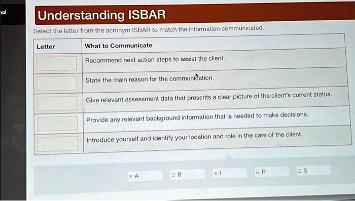understanding isbar select the letter from the acronym isbar to match ...