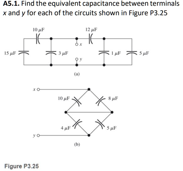 SOLVED: A5.1. Find the equivalent capacitance between terminals x and y for each of the circuits ...