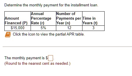SOLVED: Determine the monthly payment for the installment loan Annual ...