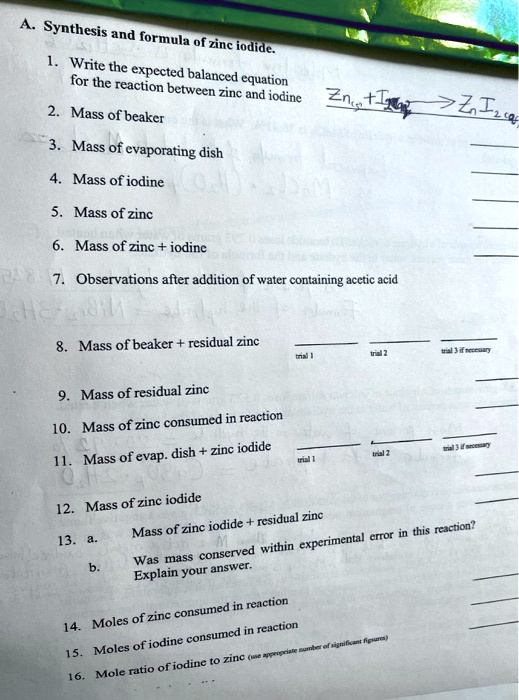 synthesis and tormulu of zinc iodide write the expected balanced for ...