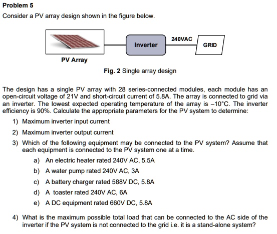 SOLVED: Problem 5: Consider a PV array design shown in the figure below. 240VAC Inverter GRID PV ...