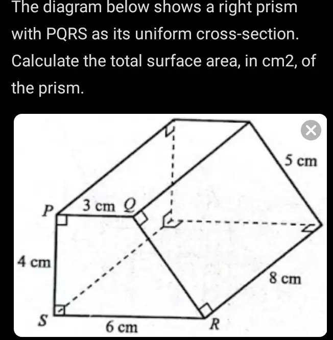 SOLVED: The diagram below shows a right prism with PQRS as its uniform cross-section. Calculate ...