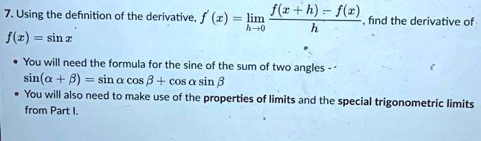 7. Using the definition of the derivative, f'(x) = limh → 0(f(x+h) - f ...