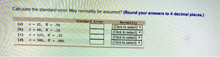 SOLVED: Calculate the standard error: May normality be assumed? (Round your answers to decimal ...