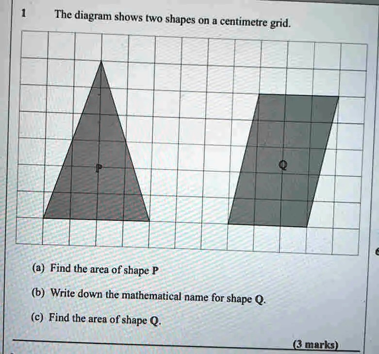 1 The diagram shows two shapes on a centimetre grid. (a) Find the area of shape P (b) Write down ...
