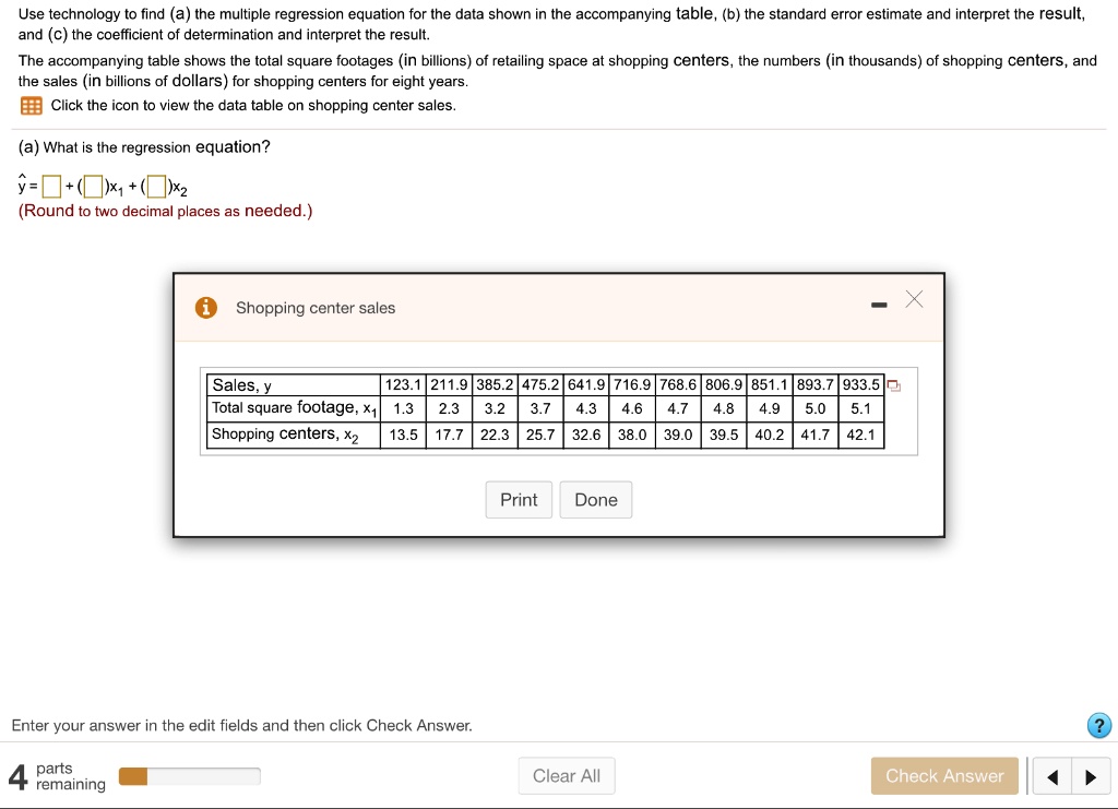 SOLVED: Use technology to find the multiple regression equation for the ...