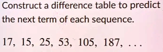 construct a difference table to predict the next term of each sequence 17 15 25 53 105 187 97474