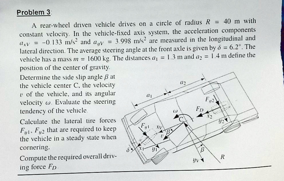 SOLVED: Problem 3 A rear-wheel driven vehicle drives on a circle of radius R = 40 m with ...