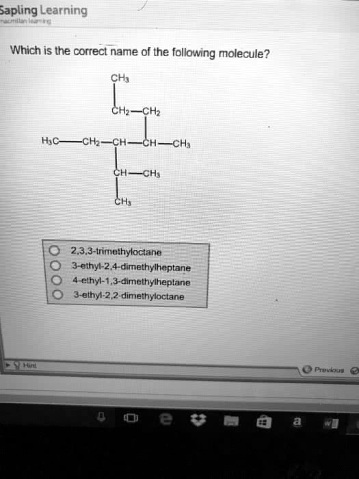 SOLVED: Sapling Learning: Which is the correct name of the following molecule? CH3 CH2-CH2 ...