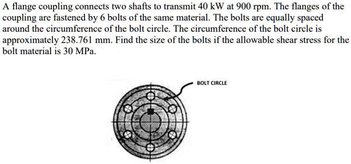 A flange coupling connects two shafts to transmit 40 kW at 900 rpm. The ...