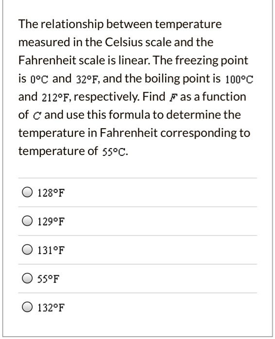 The relationship between temperature measured in the Celsius scale and the Fahrenheit scale is ...