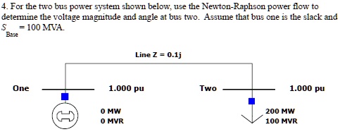 SOLVED: 4. For the two bus power system shown below, use the Newton-Raphson power flow to ...