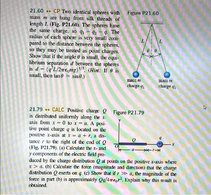 SOLVED: 21.60 CP: Two identical spheres with mass m are hung from silk threads of length L (Fig ...
