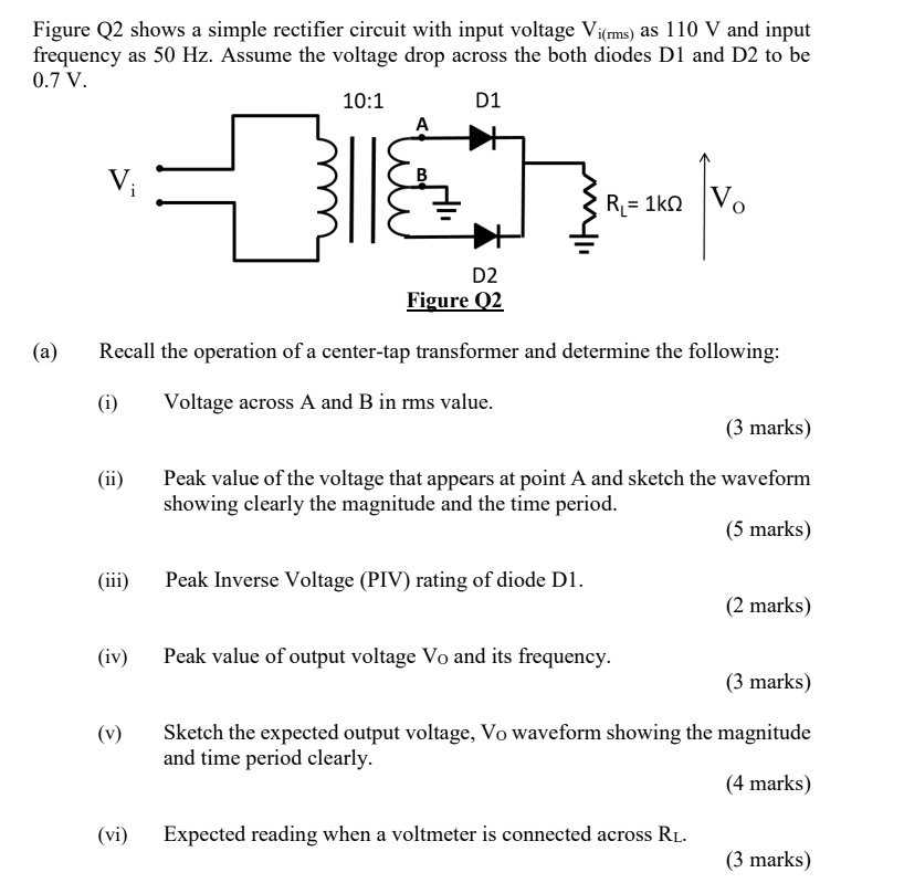 SOLVED: Figure Q2 shows a simple rectifier circuit with input voltage (Vrms) as 110 V and input ...