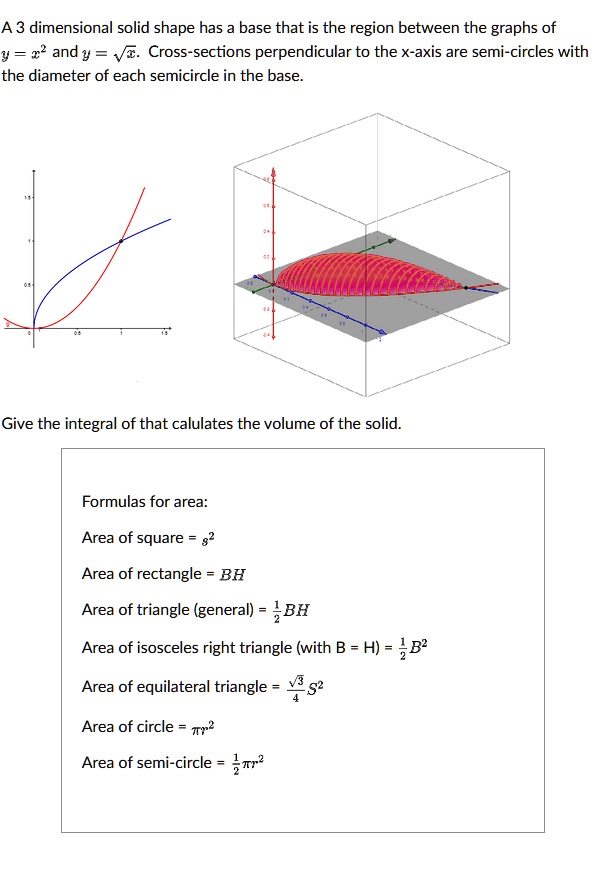 SOLVED:A 3 dimensional solid shape has base that is the region between ...
