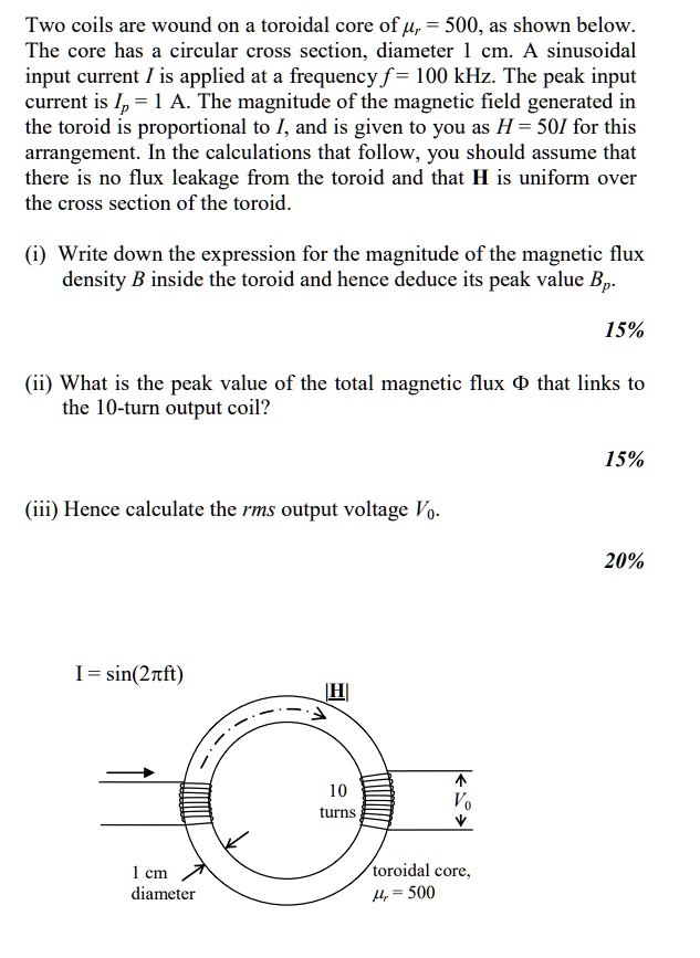 SOLVED: Two coils are wound on a toroidal core of Î¼r = 500, as shown ...