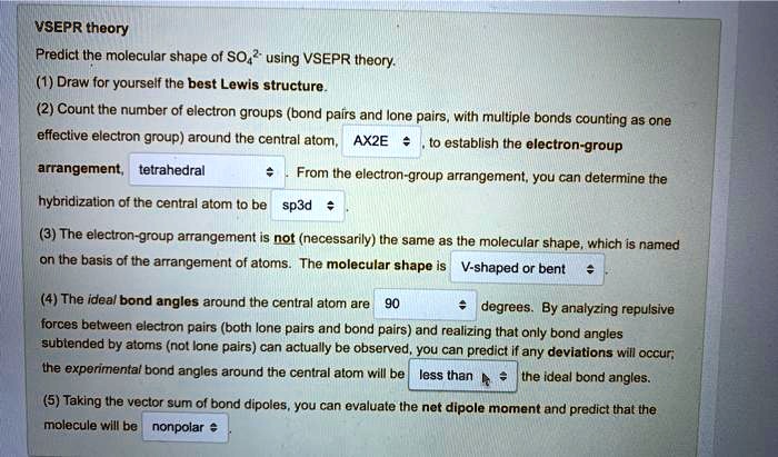 vsepr thoory predict the molecular shape of so4 using vsepr iheory 1 ...