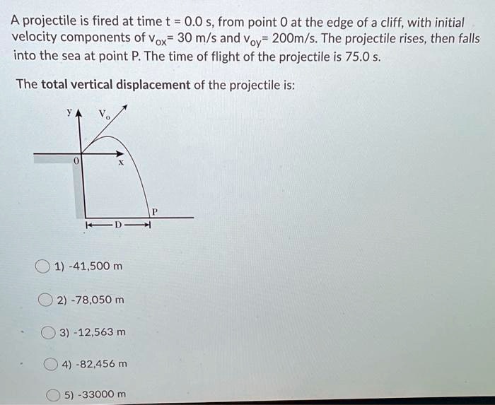 SOLVED: A projectile is fired at time t = 0.0 s, from point O at the edge of a cliff, with ...