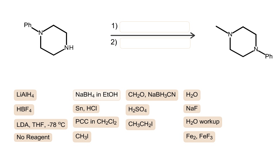 SOLVED:Ph (z NH Ph LiAIH4 NaBH4 in EtOH CHzO, NaBHzCN OZH Sn, HCI NaF ...