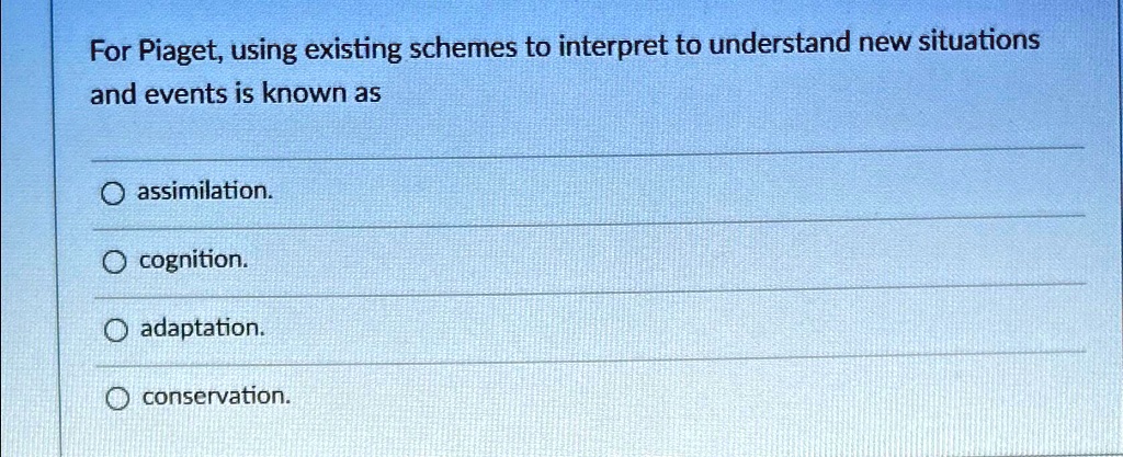 For Piaget, using existing schemes to interpret to understand new ...