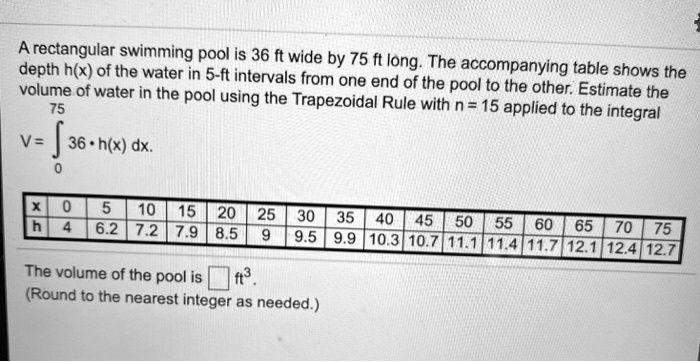 SOLVED: A rectangular swimming pool is 36 ft wide by 75 ft long. The ...