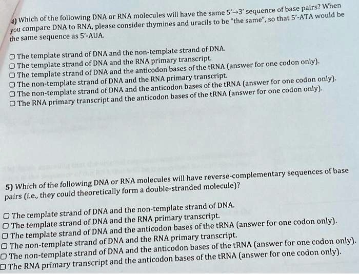 4) Which of the following DNA or RNA molecules will have the same 5'-3 ...