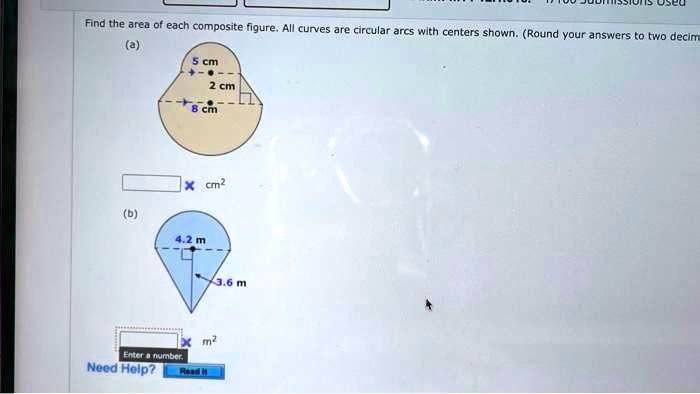 Texts: Find the area of each composite figure. All curves are circular arcs with centers shown ...