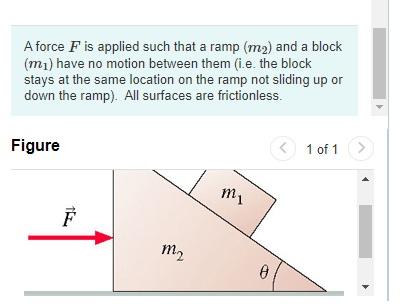 A force F is applied such that a ramp (m2) and a block (m1) have no ...