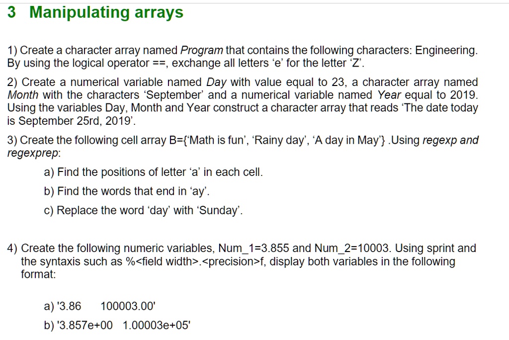 Solved Using Matlab 3 Manipulating Arrays 1 Create A Character Array Named Program That