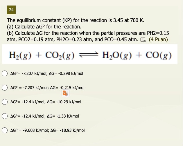 SOLVED: The equilibrium constant (Kp) for the reaction is 3.45 at 700 K ...