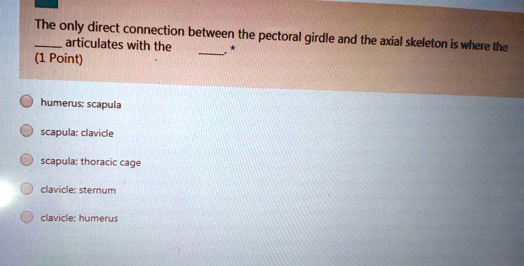 SOLVED: The only direct connection between the pectoral girdle and the ...