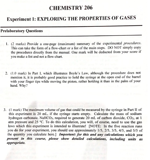 SOLVED: CHEMISTRY 206 Experiment 1: EXPLORING THE PROPERTIES OF GASES ...
