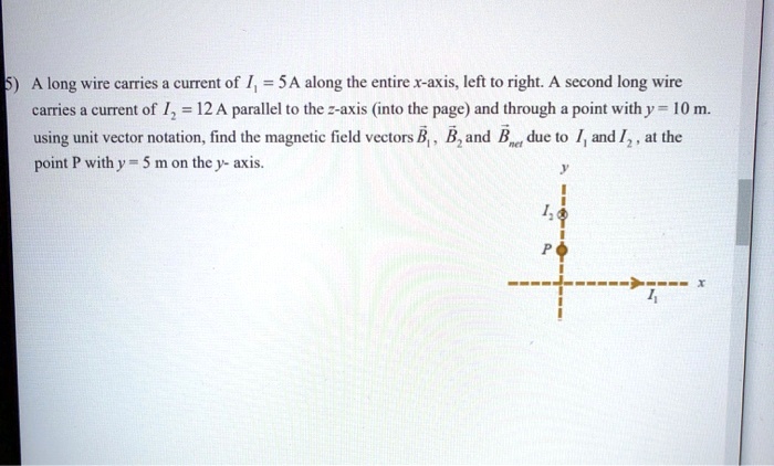 SOLVED: 5A long wire carries a current of I=5A along the entire x-axis ...