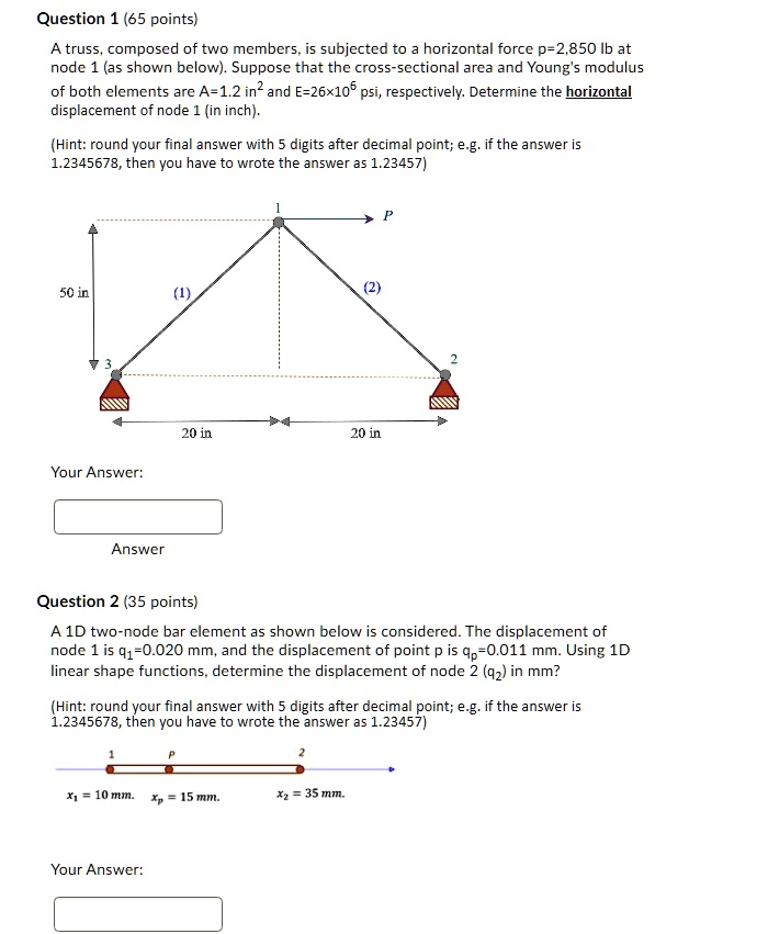 SOLVED: Question 1 (65 points) A truss, composed of two members, is ...