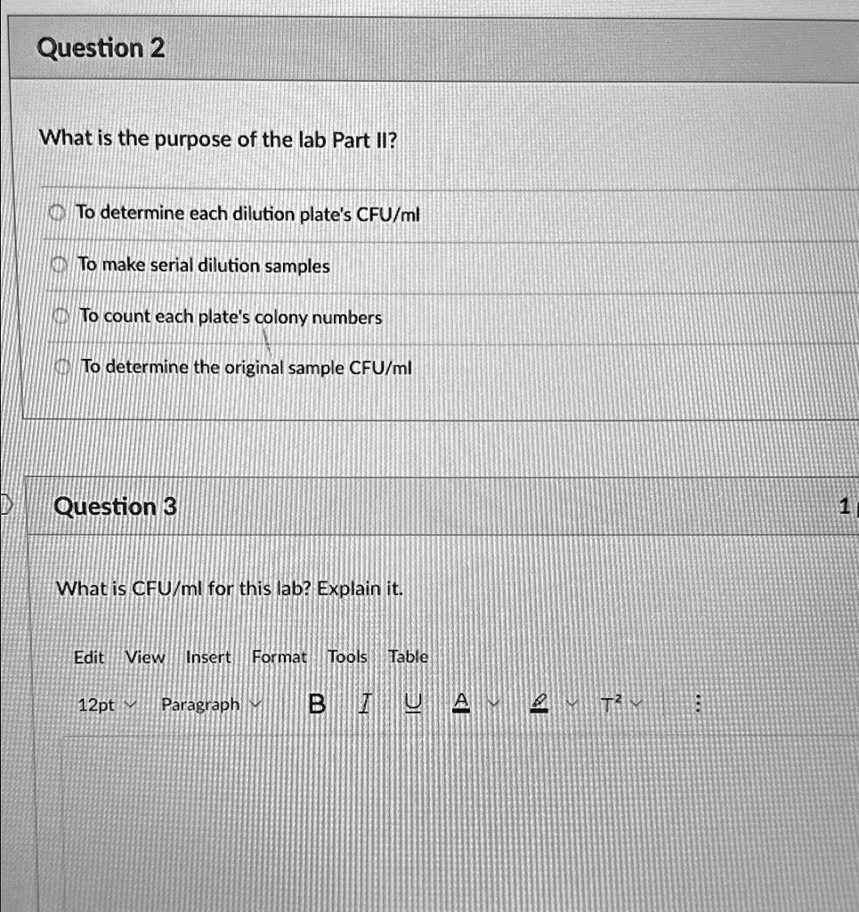 SOLVED: The purpose of the lab Part II is to determine each dilution plate's CFU/ml, make serial ...